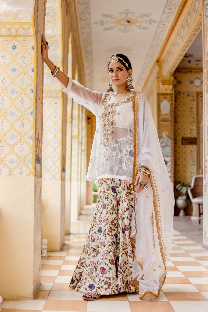Atefa White Zardozi Organza Kurta Cotton Sharara Set With Organza Dupa ...