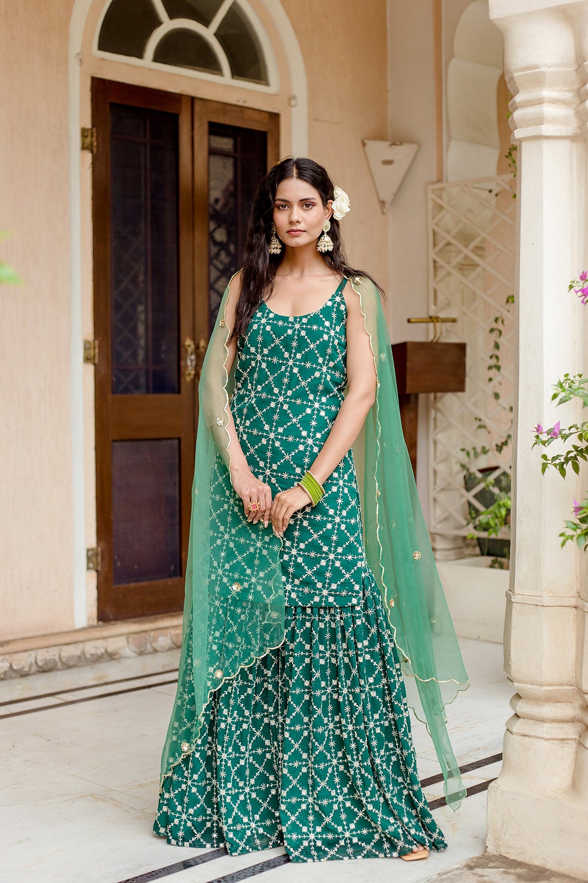 Raatrani Emerald Sharara Set -Mirror embellished embroidery kurta and ...