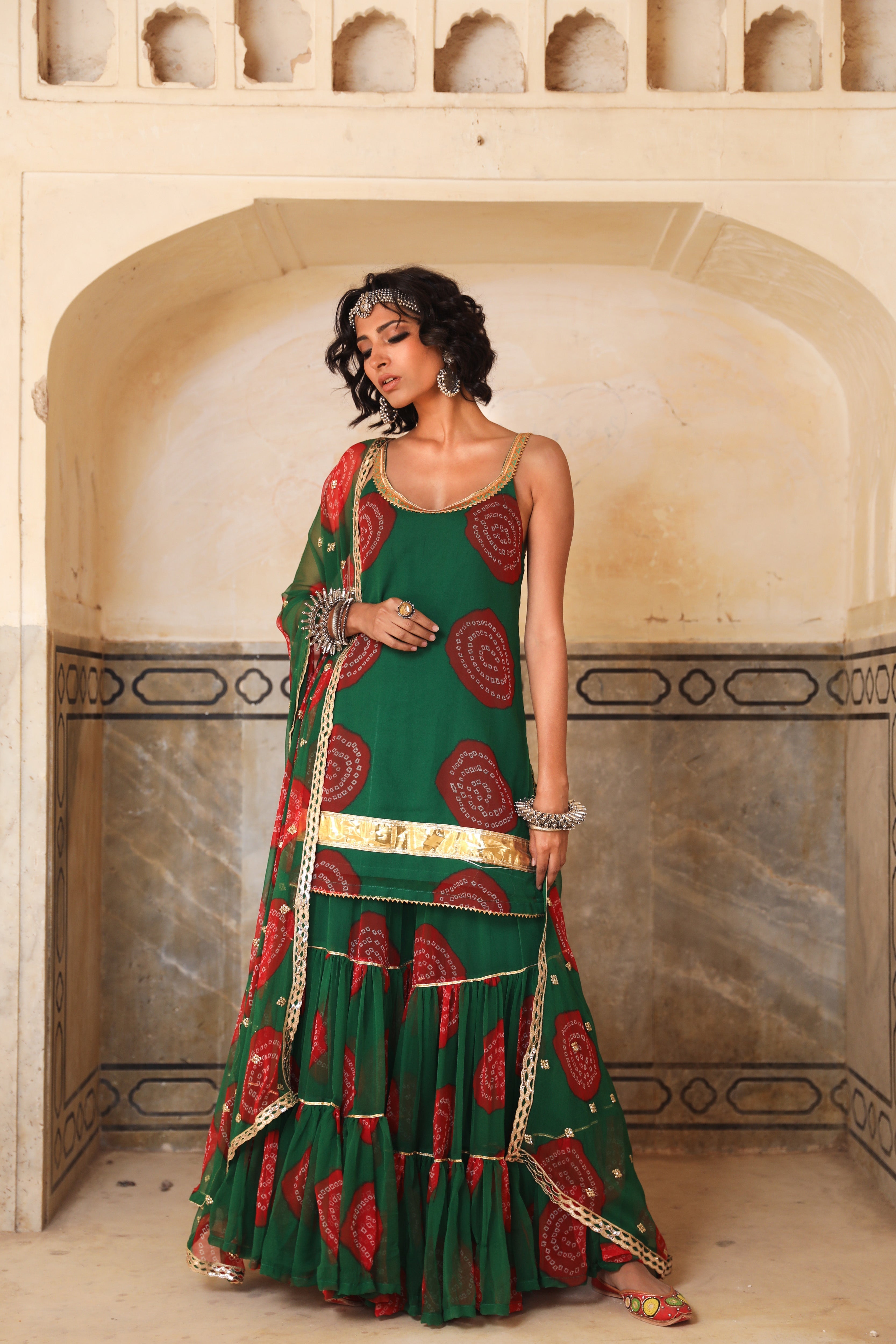 Sleeveless Georgette Shinaz Green Sharara Set With Dupatta