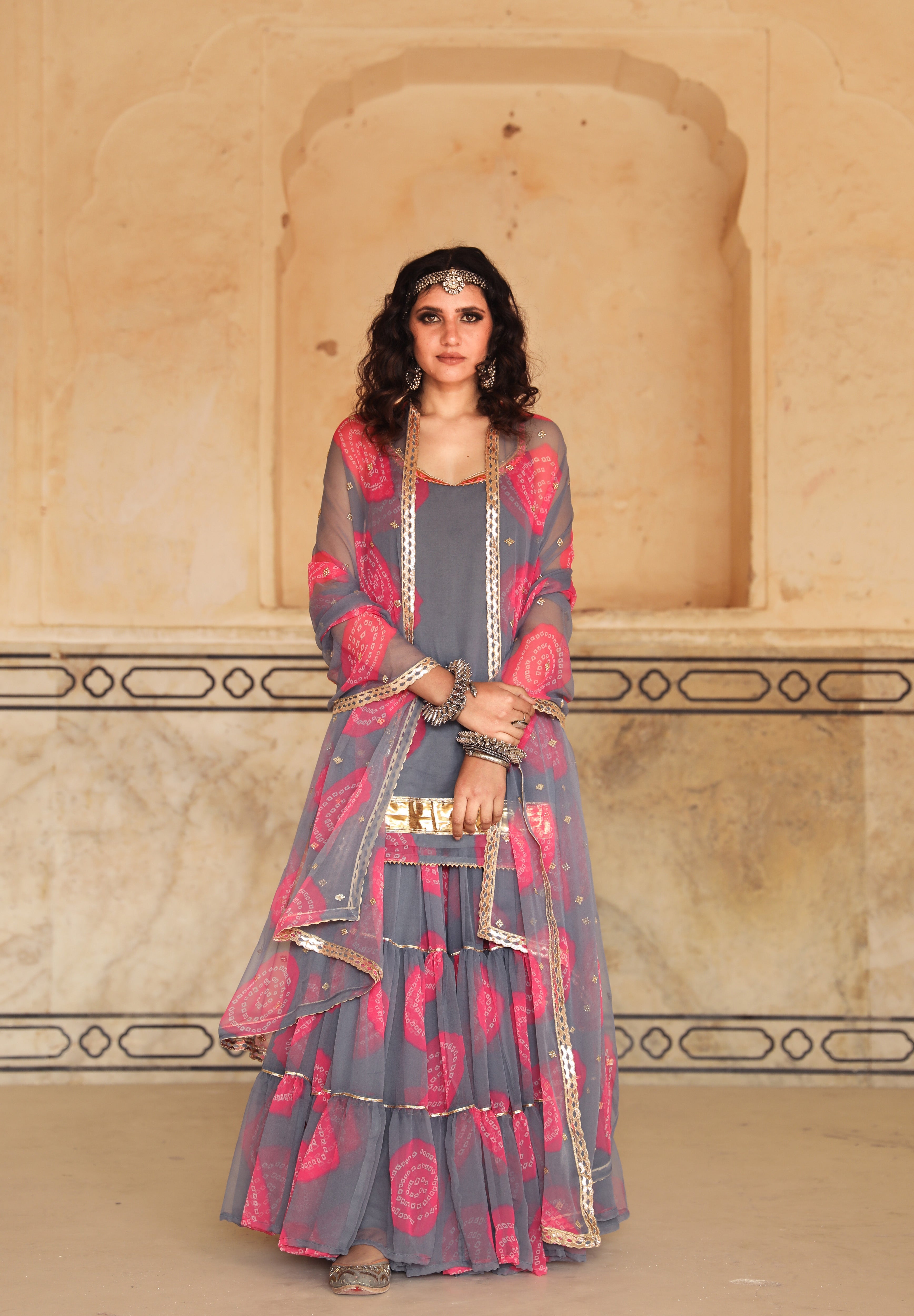 Sleeveless Georgette Shinaz Grey Sharara Set With Dupatta