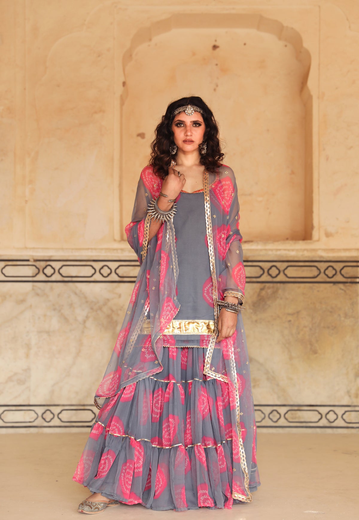 Sleeveless Georgette Shinaz Grey Sharara Set With Dupatta